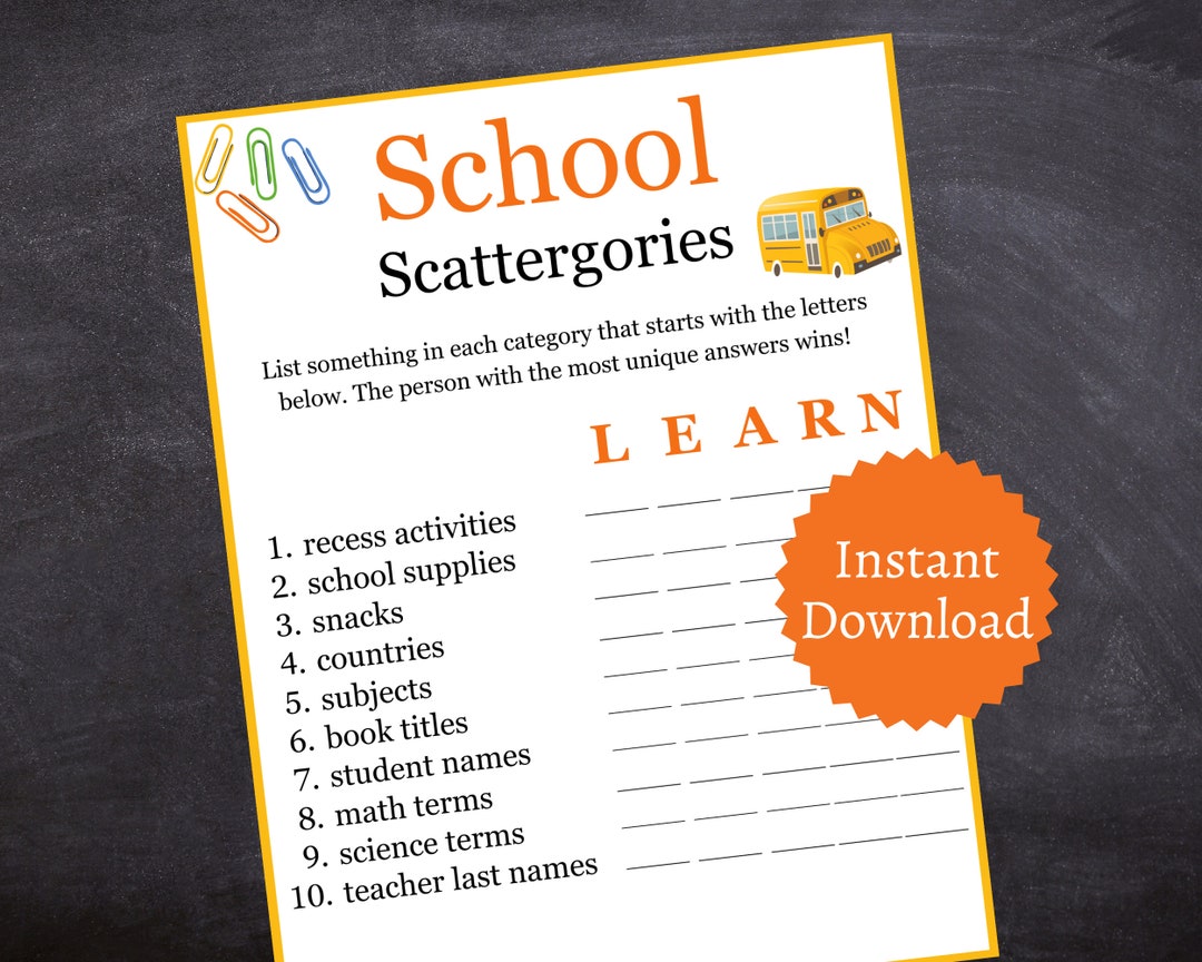 School Scattergories Game, Printable Classroom Activity, Back to School ...