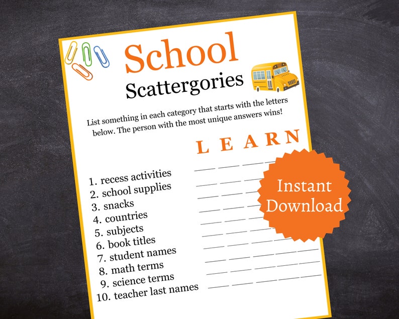 School Scattergories Game, Printable Classroom Activity, Back to School ...