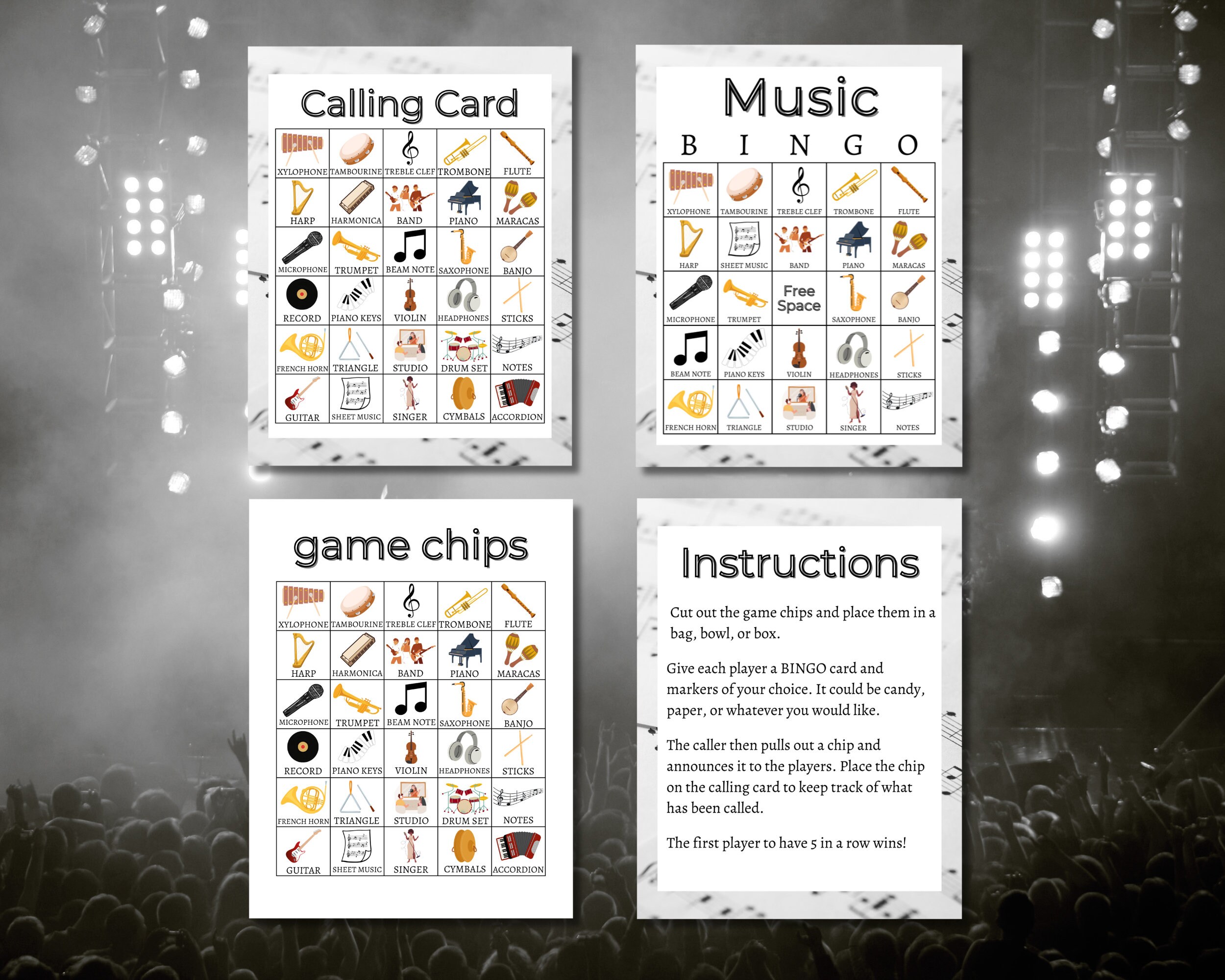 Music Bingo Cards, Instrument Learning Game, Printable Musical Party ...