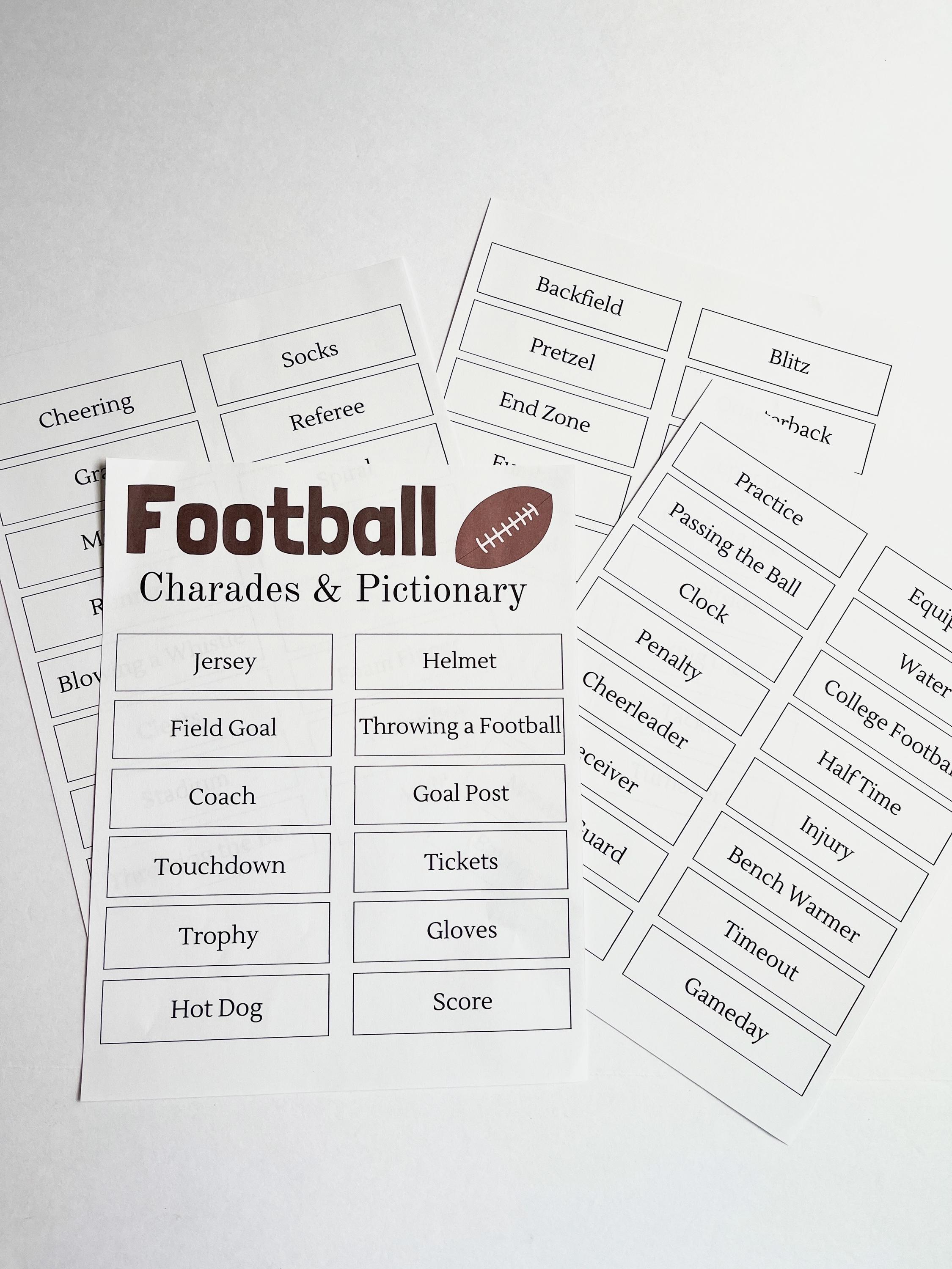 Football Charades and Pictionary Cards, Printable Football Party Game ...