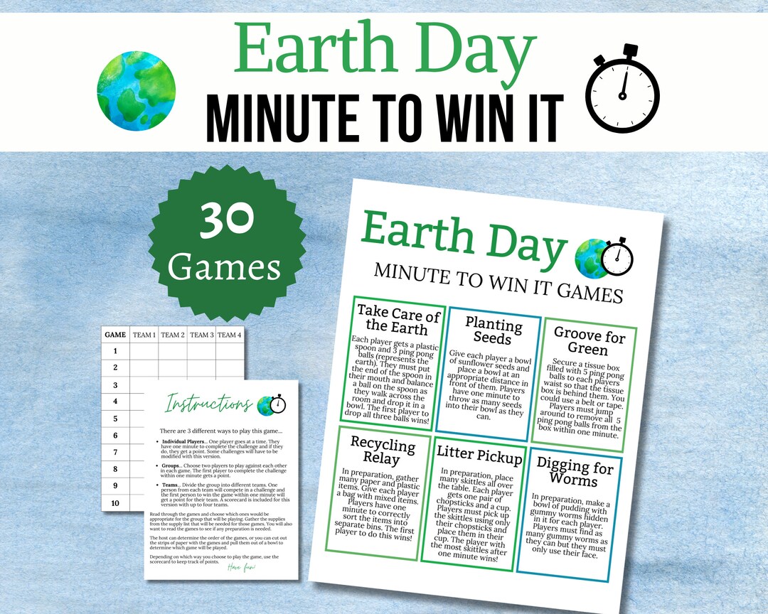 Earth Day Minute to Win It, Printable Earth Day Group Party Games for ...