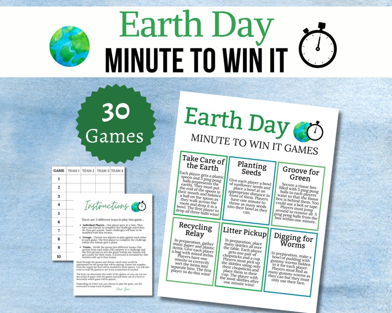 Earth Day Minute to Win It, Printable Earth Day Group Party Games for ...