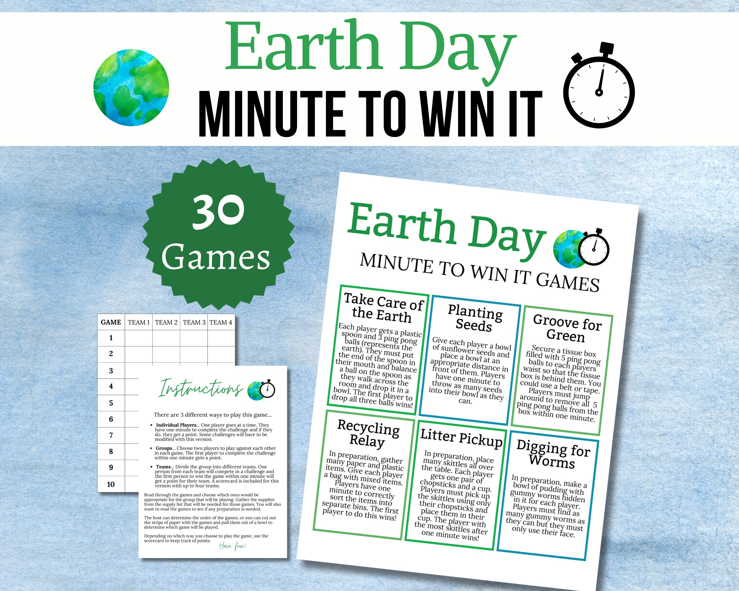 Earth Day Minute to Win It, Printable Earth Day Group Party Games for ...