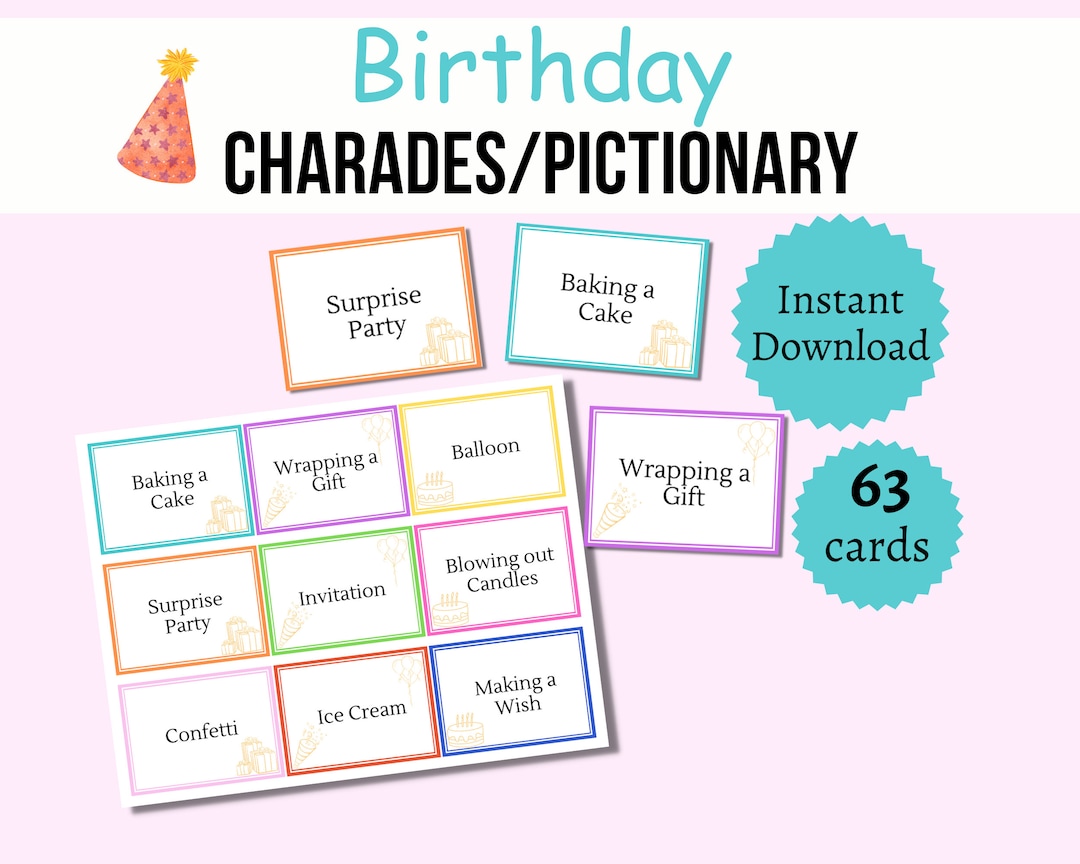 Birthday Charades, Printable Birthday Party Pictionary Cards, Birthday ...