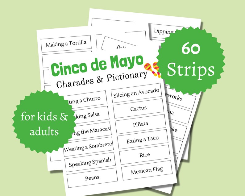Cinco De Mayo Charades, Printable Cinco De Mayo Pictionary Cards, May ...