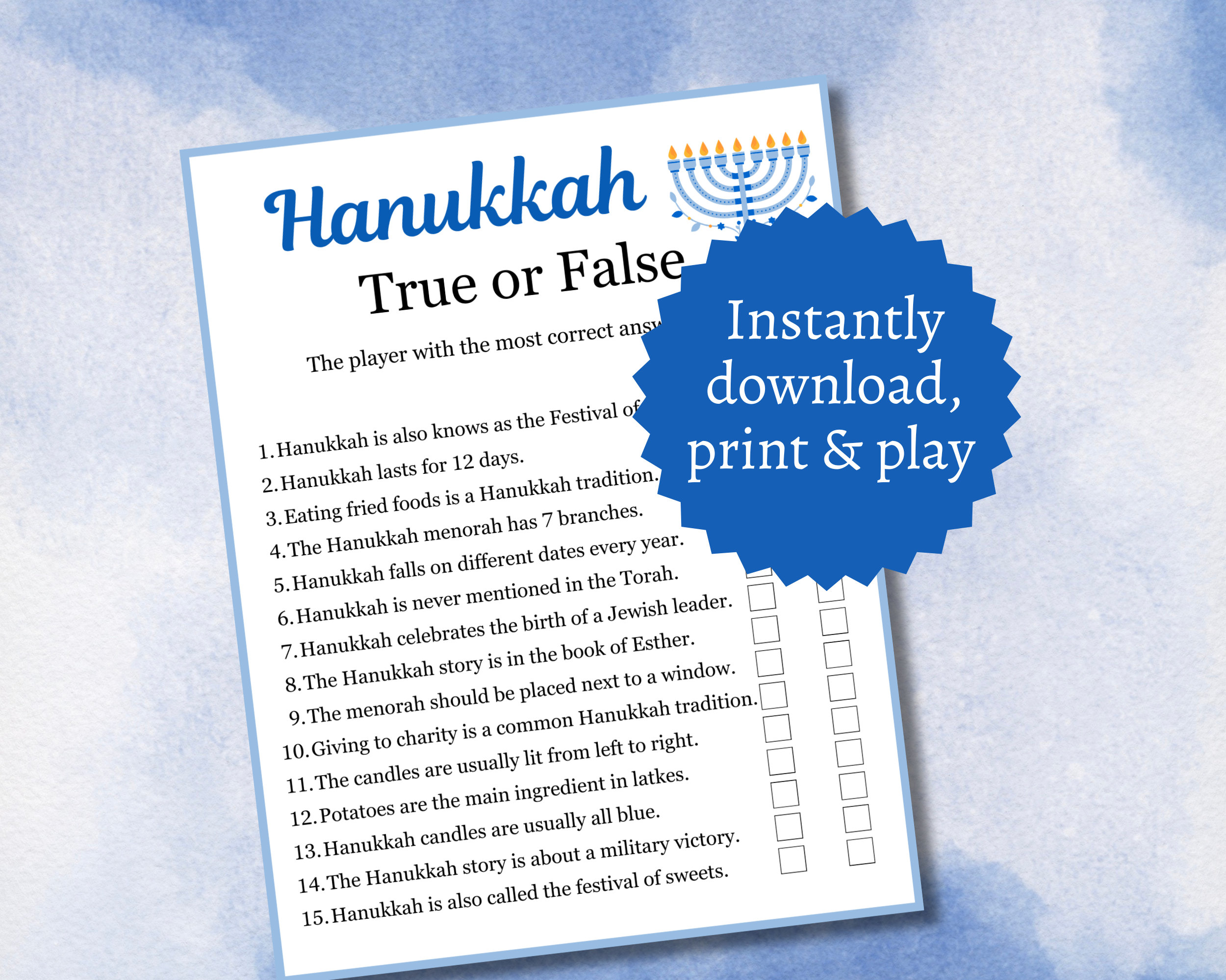 Hanukkah True or False Game, Printable Hanukkah Trivia Activity for ...