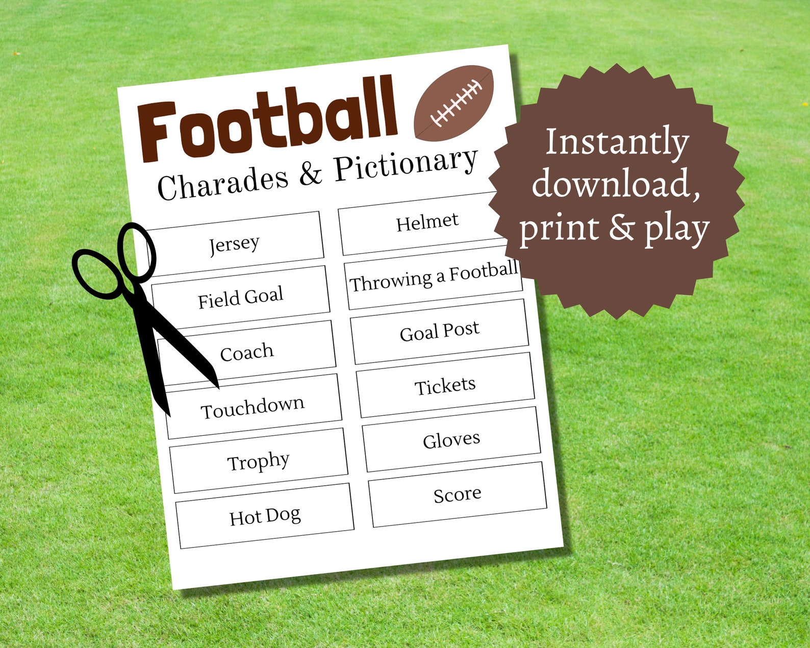 Football Charades and Pictionary Cards, Printable Football Party Game ...