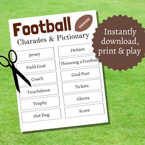 Football Charades and Pictionary Cards, Printable Football Party Game ...