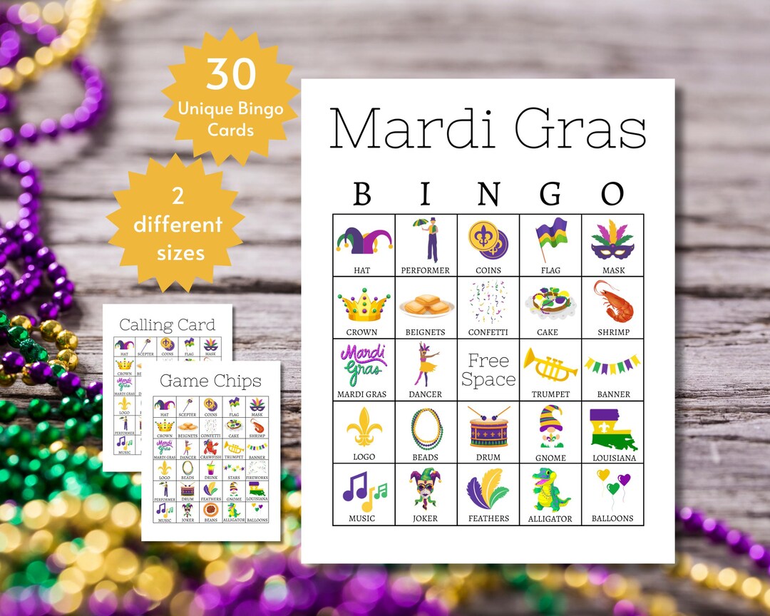 Mardi Gras Bingo Cards, Printable Mardi Gras Party Game for Kids, Teens ...