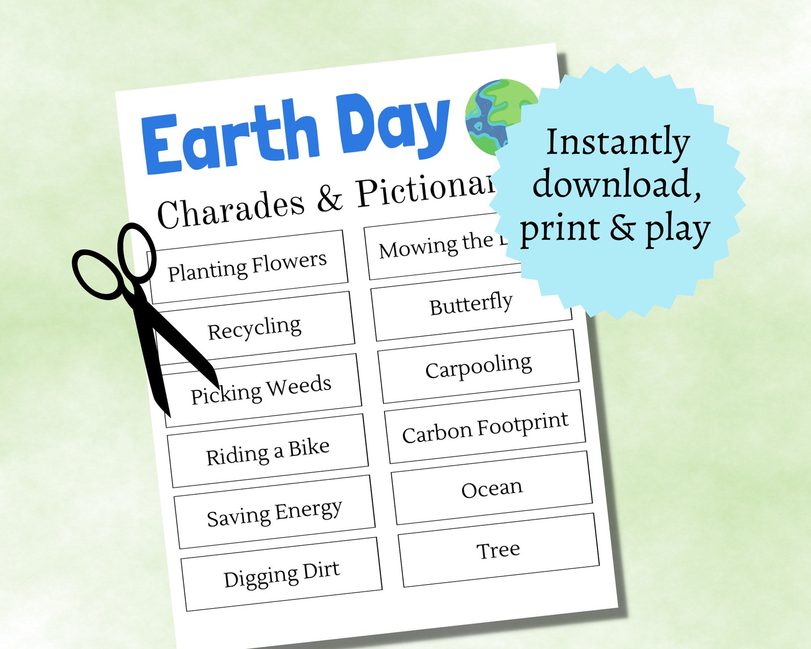 Earth Day Charades and Pictionary, Printable Earth Day Party Games for ...