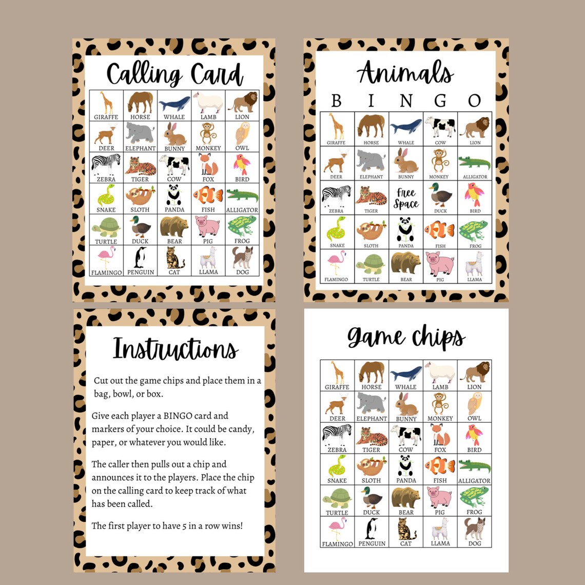 Animals Bingo Cards, Printable Animal Learning Game for Kids ...