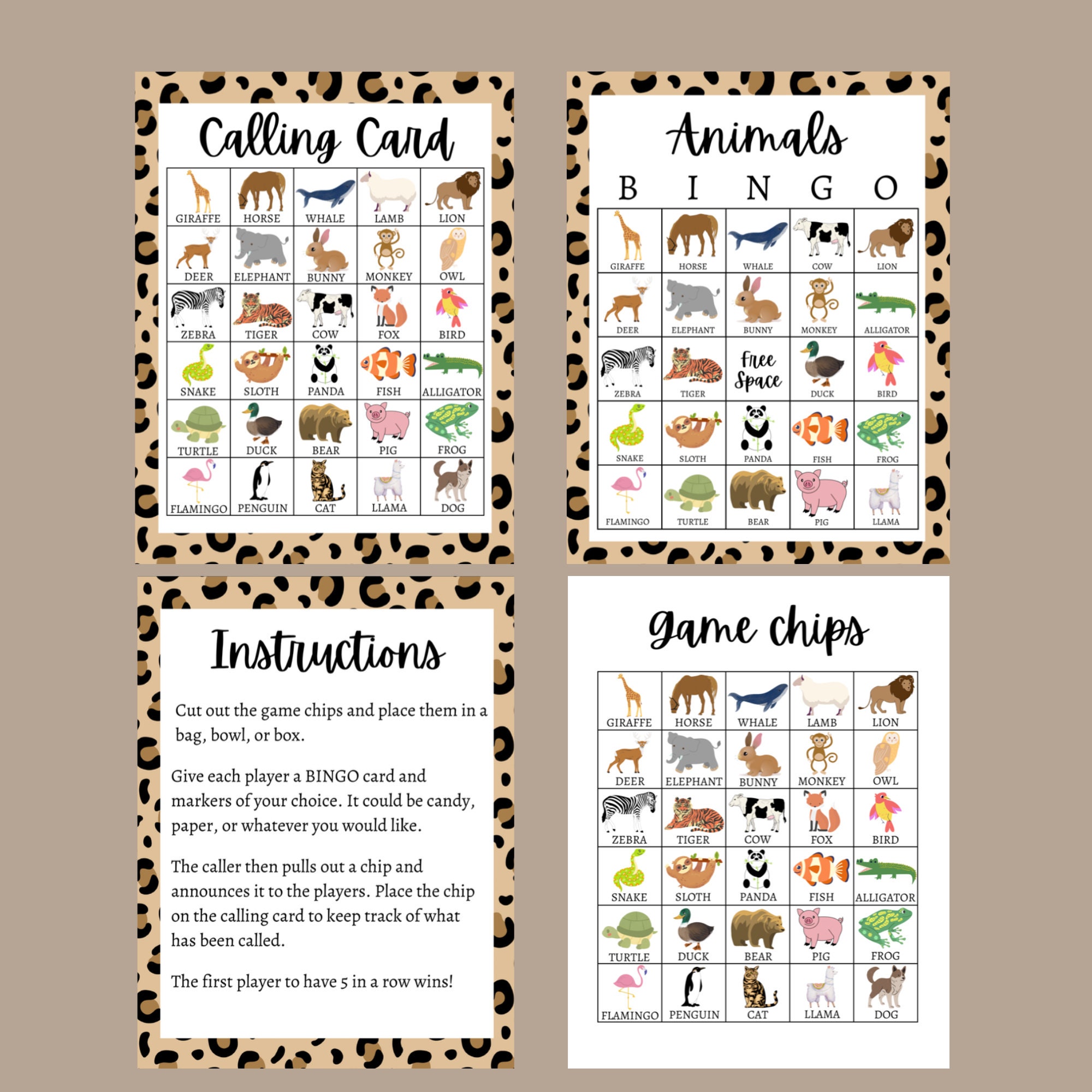 Animals Bingo Cards, Printable Animal Learning Game for Kids ...