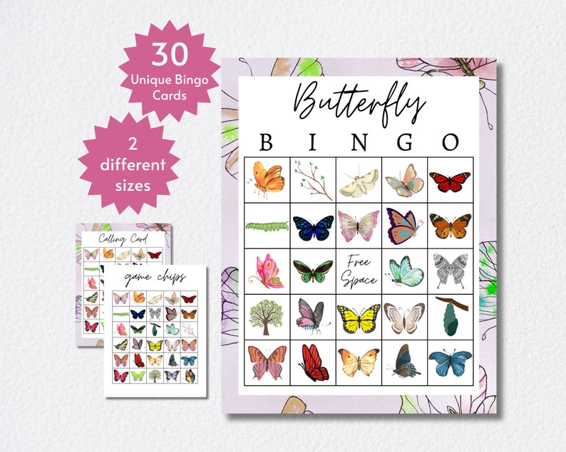 Butterfly Bingo Cards, Printable Birthday Party Game for Kids, Insect ...