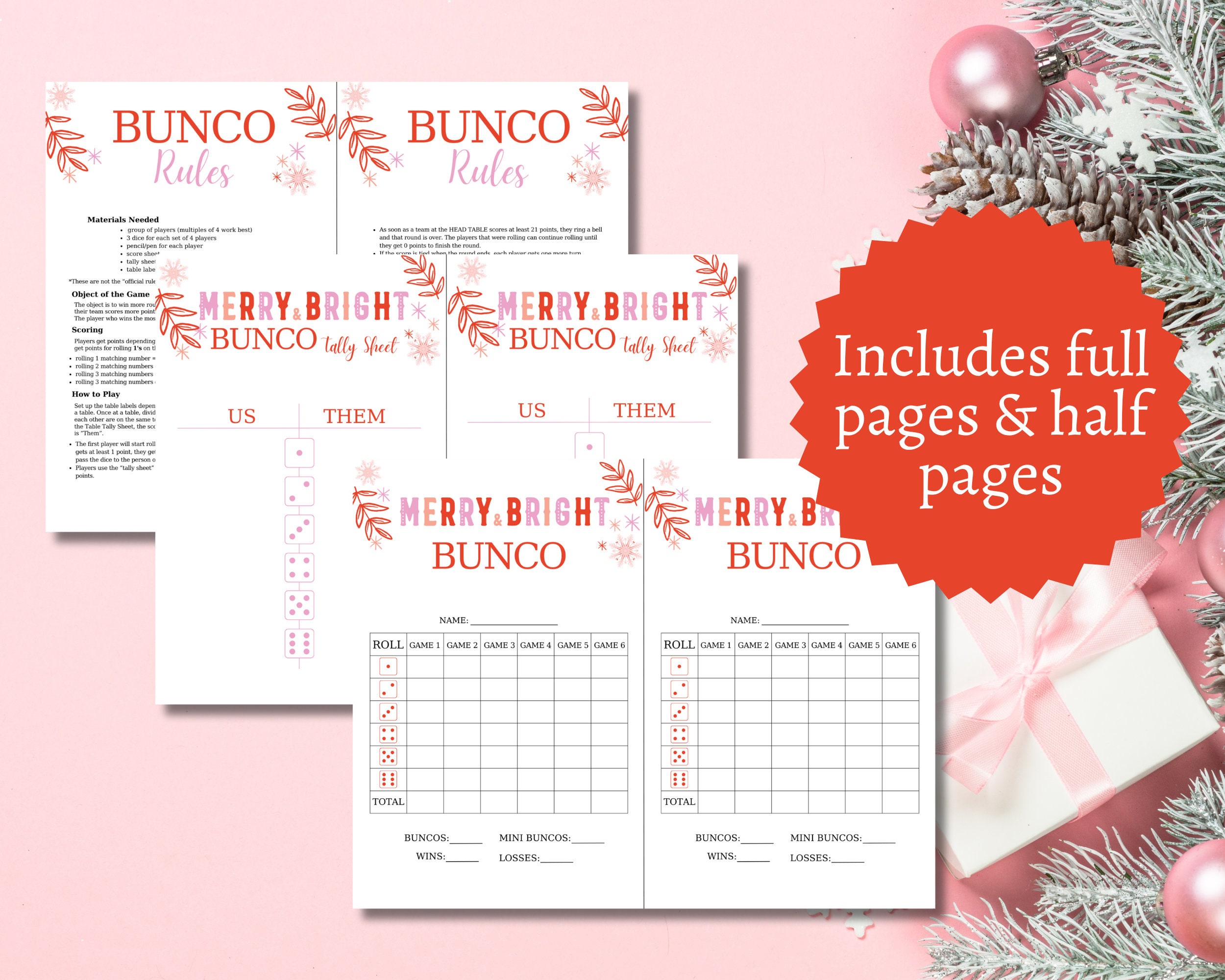 Christmas Bunco Cards Bundle, Pink Holiday Party Game for Large Groups ...
