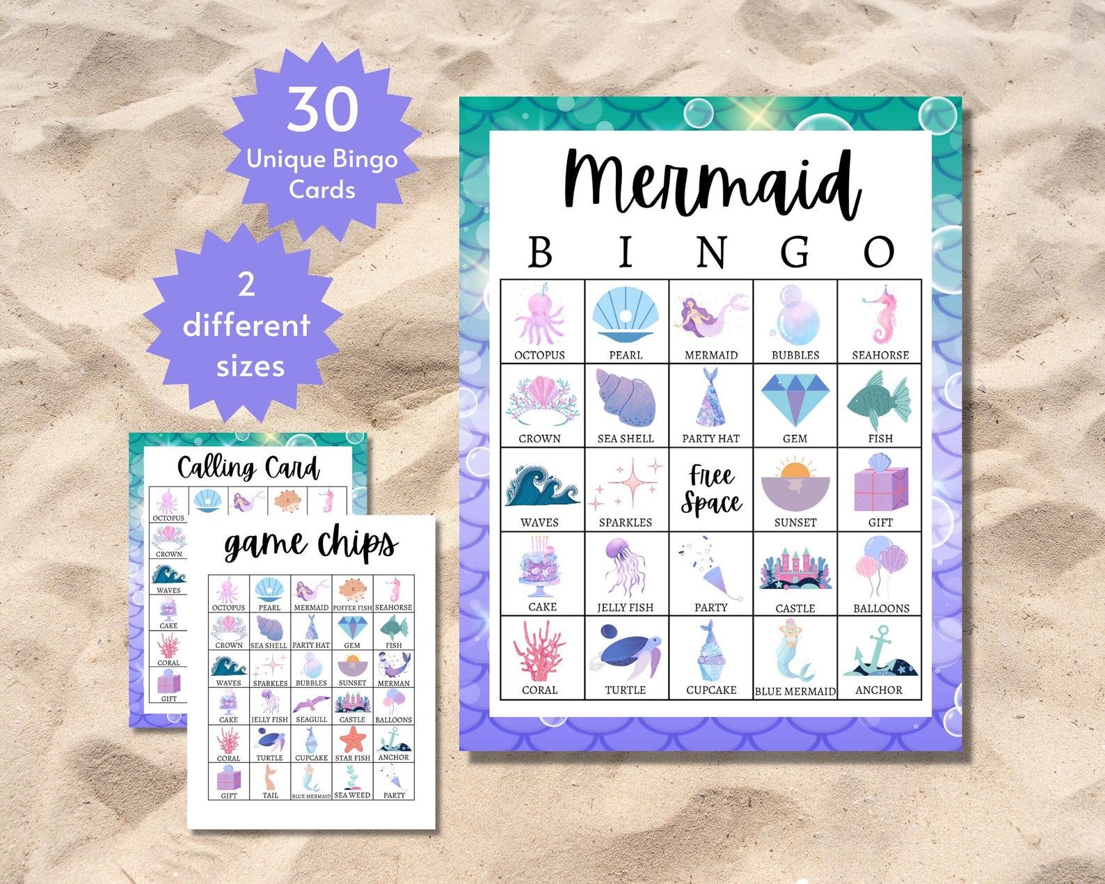 Mermaid Bingo Cards, Under the Sea Birthday Party Game for Kids, Ocean ...