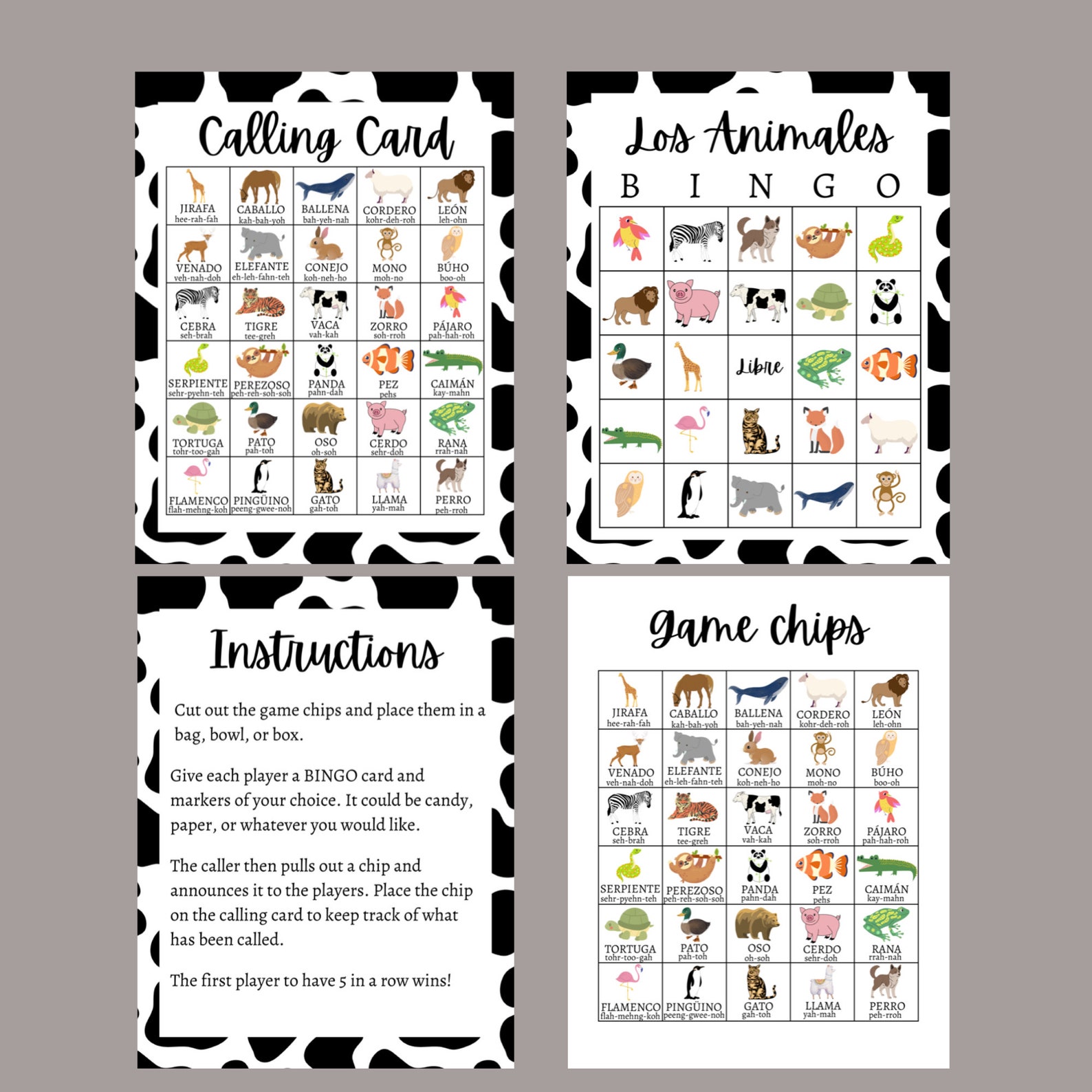 Animals Spanish Bingo Cards, Spanish Learning Game for Kids, Spanish ...