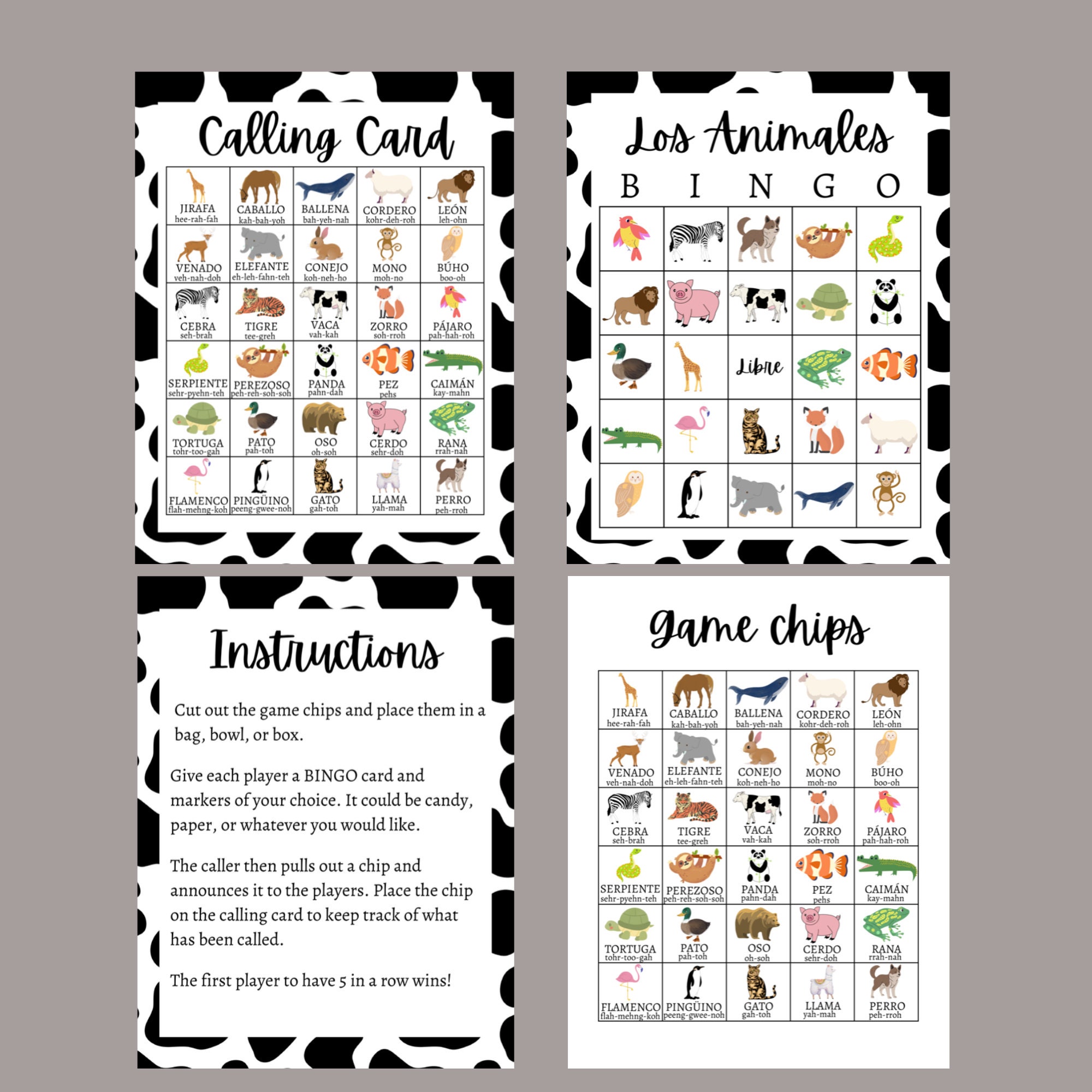 Animals Spanish Bingo Cards, Spanish Learning Game for Kids, Spanish ...