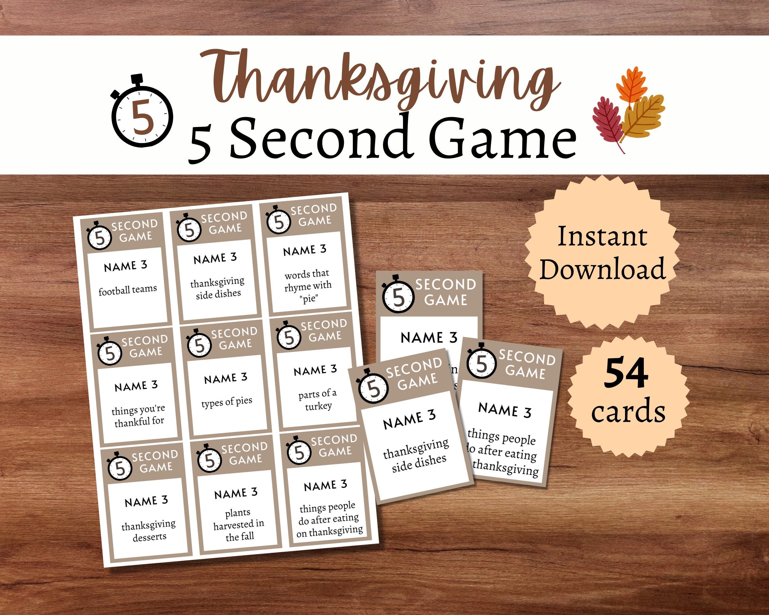 Thanksgiving 5 Second Game, Printable Family Party Game, Fast-paced ...