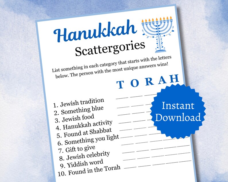 Hanukkah Scattergories Game, Printable Hanukkah Party Game for Kids ...