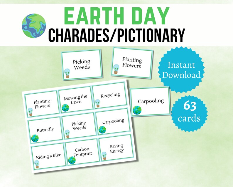 Earth Day Charades and Pictionary Cards, Printable Earth Day Party ...