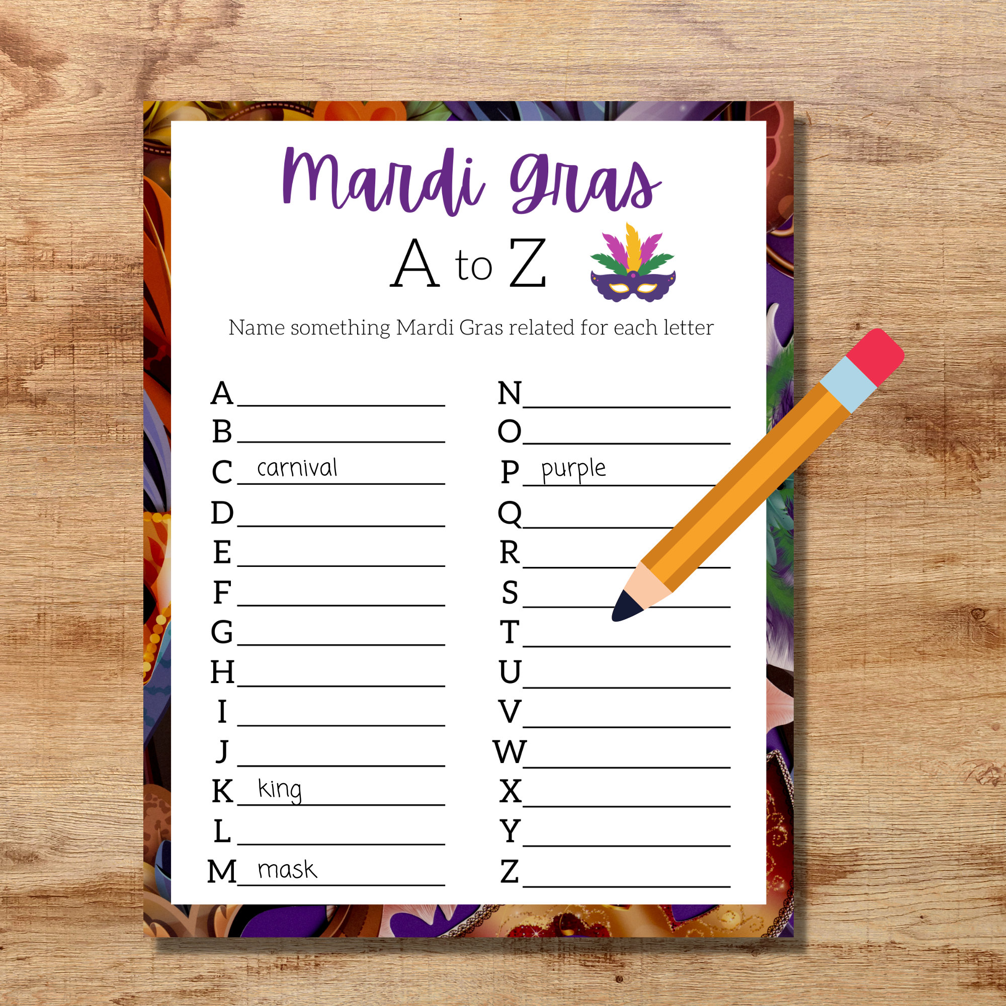 Mardi Gras A to Z Race Game, Printable Mardi Gras Party Game for Kids ...