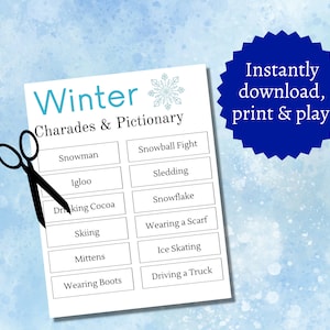 Winter Charades Game, Printable Pictionary Cards, Wintertime Activity ...
