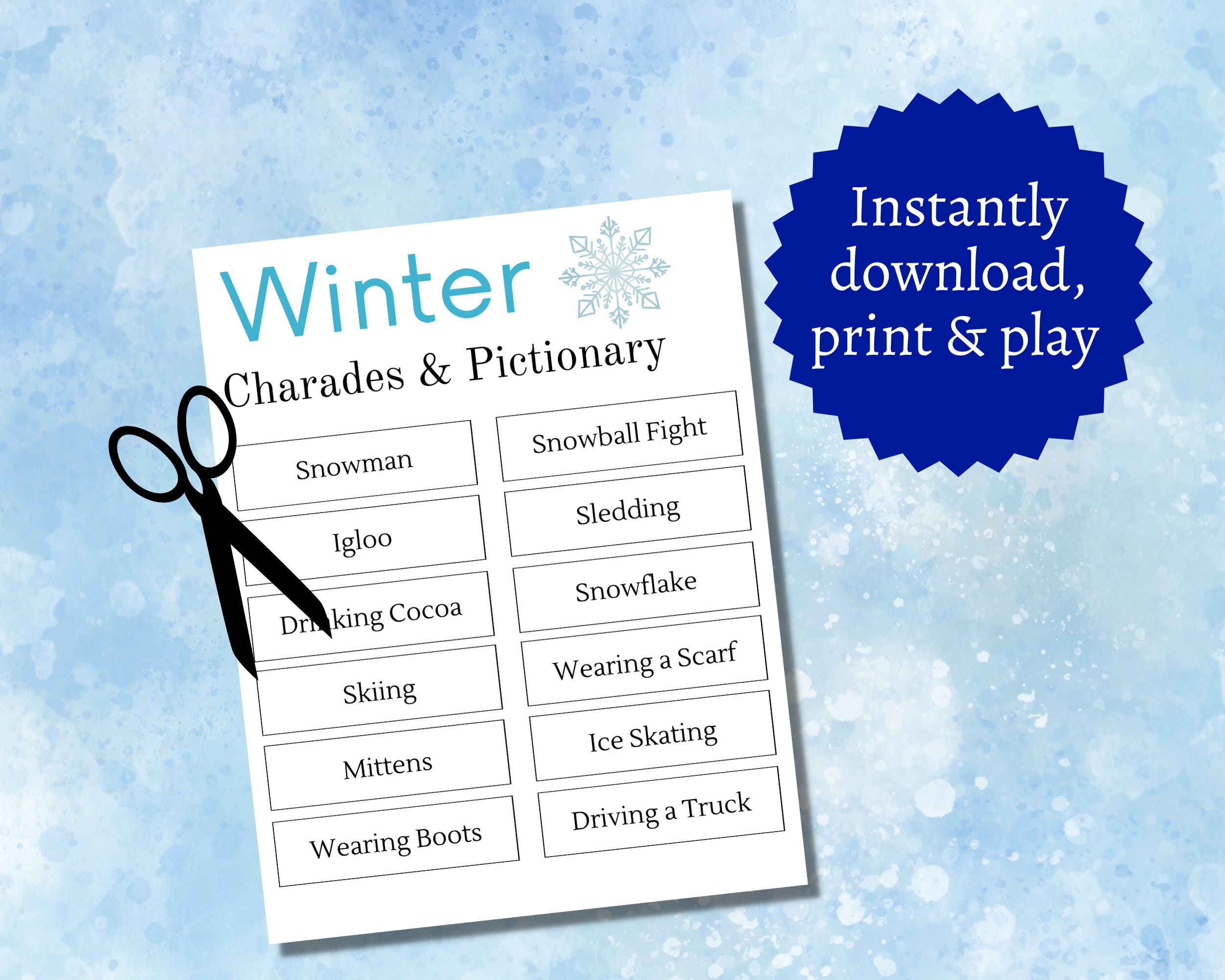 Winter Charades Game, Printable Pictionary Cards, Wintertime Activity ...