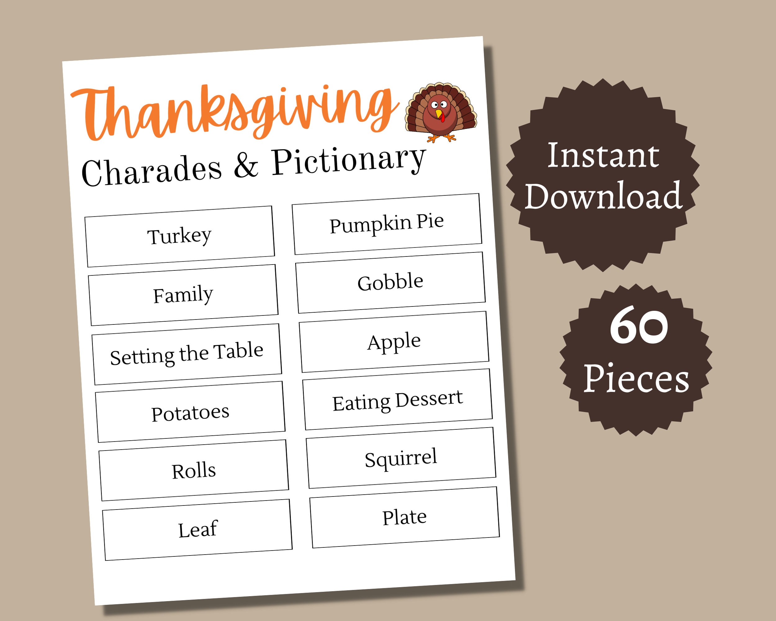 Thanksgiving Charades, Printable Fall Pictionary, Holiday Family Party ...