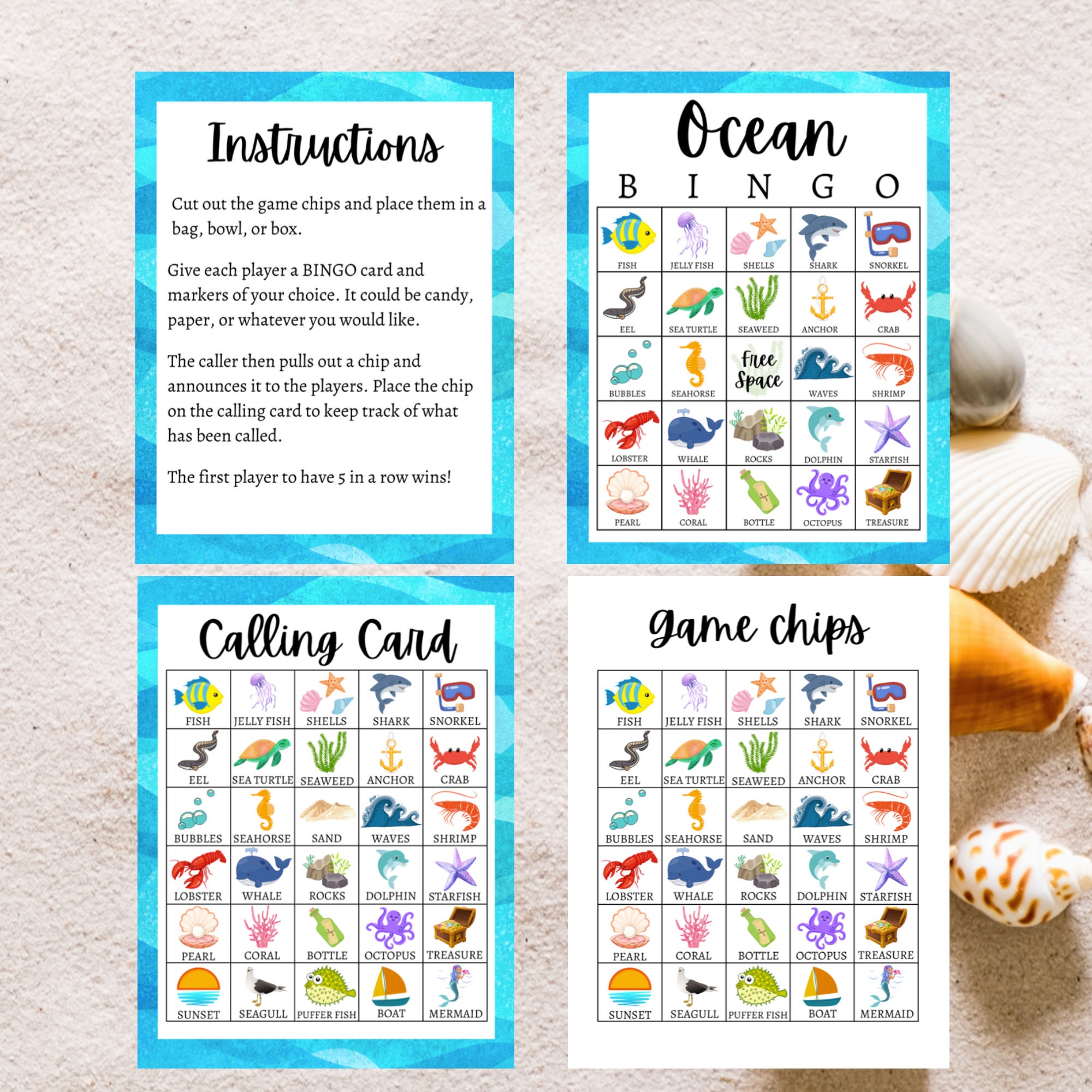Ocean Bingo Cards, Printable Under the Sea Party Game, Summer Activity ...