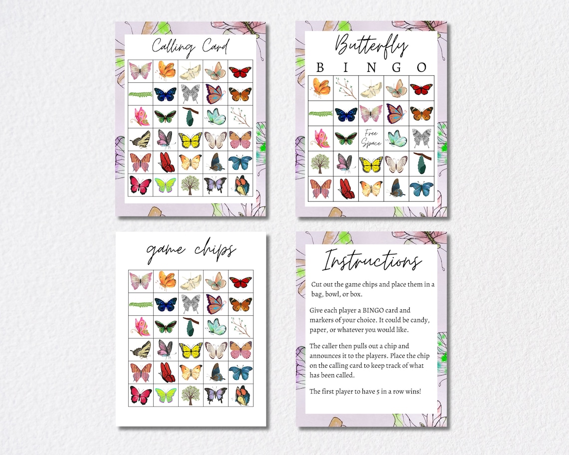 Butterfly Bingo Cards, Printable Birthday Party Game for Kids, Insect ...
