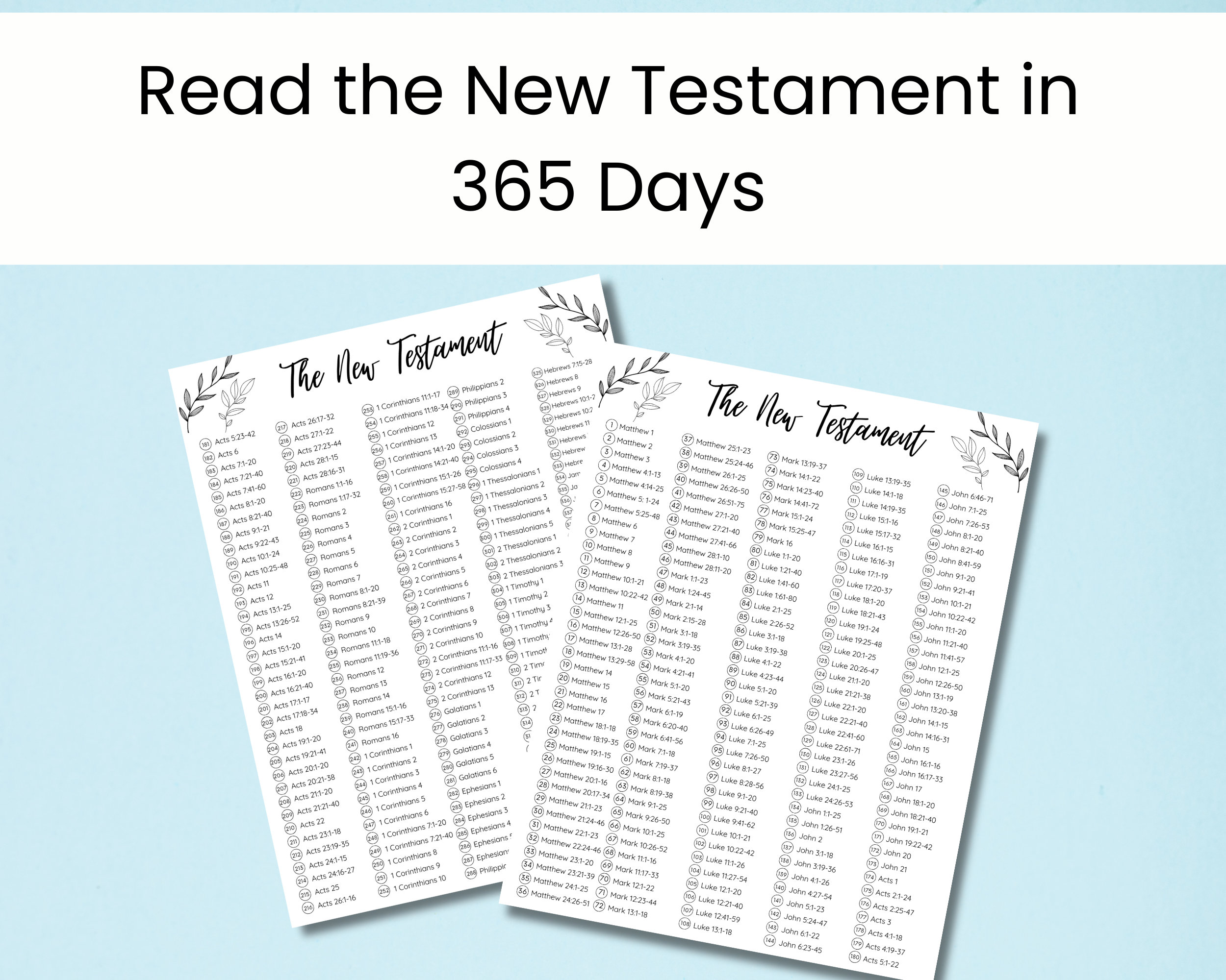 One Year New Testament Reading Chart, 365 Day Bible Reading Tracker ...