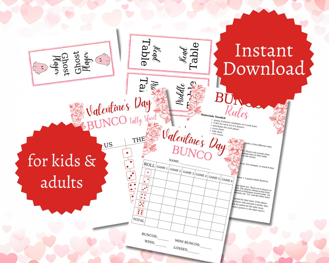Valentine's Day Bunco, Printable Bunco Cards Bundle, Valentine's Party ...
