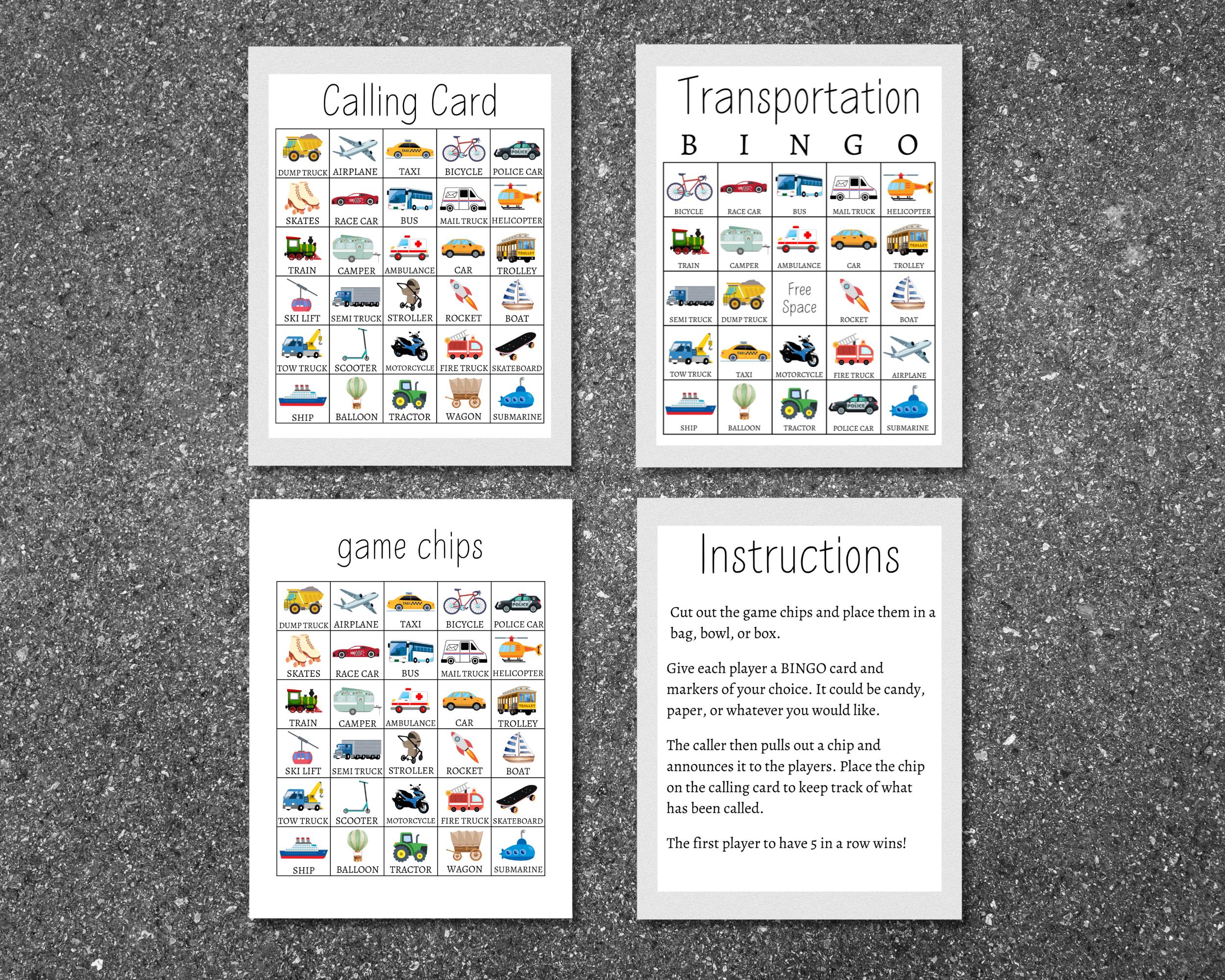 Transportation Bingo Cards, Printable Learning Activity for Kids ...