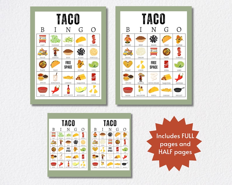 Taco Bingo Cards, Printable Cinco De Mayo Party Game for Kids, Teens ...