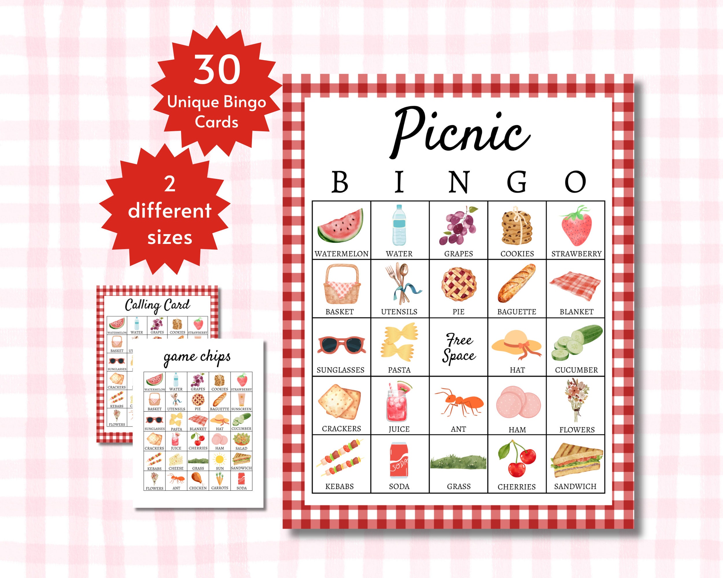 Picnic Party Bingo Game (60 Cards) Picnic Theme Bingo Words♊️ ...