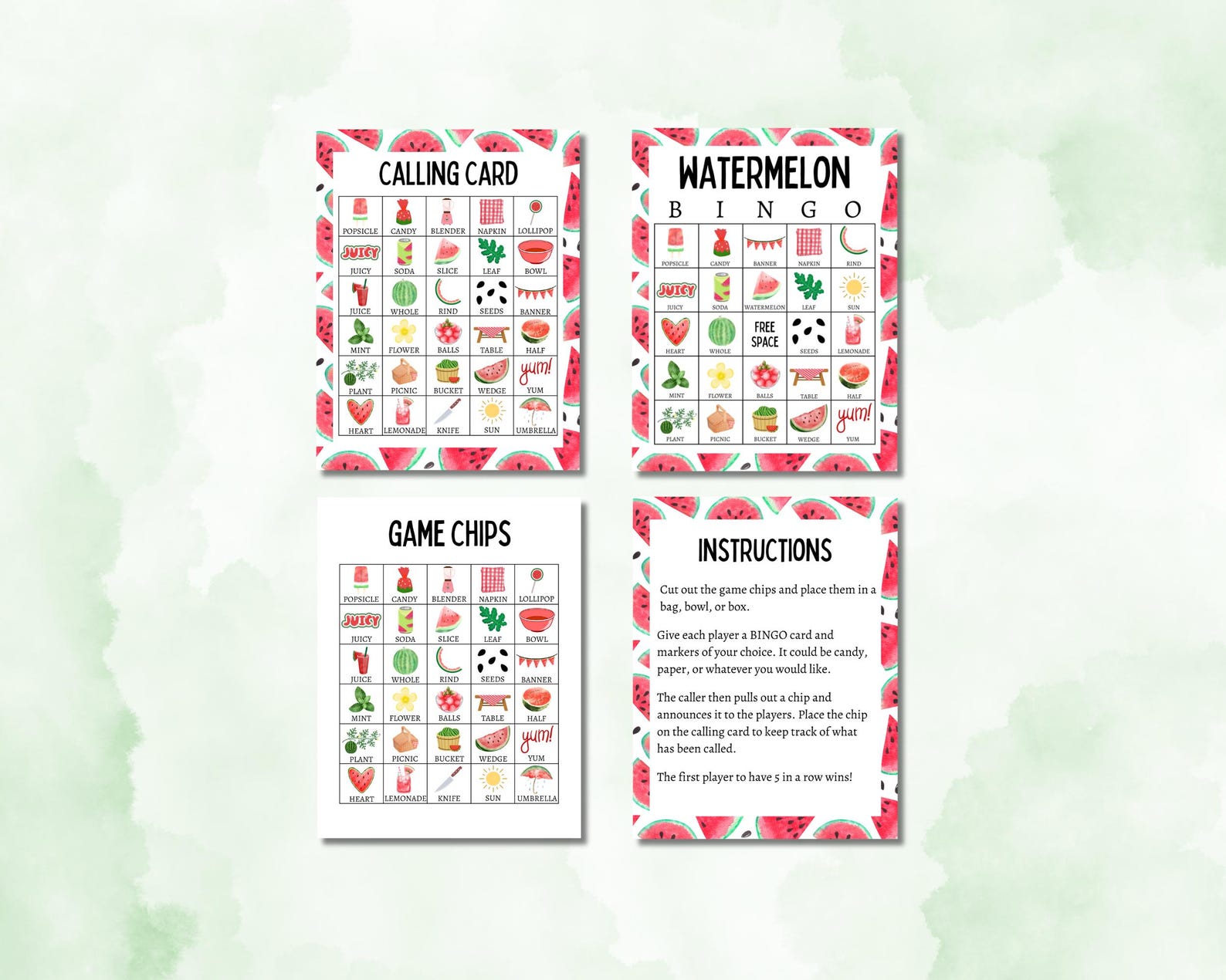 Watermelon Bingo Cards, Printable Summer Party Game for Kids and Adults ...