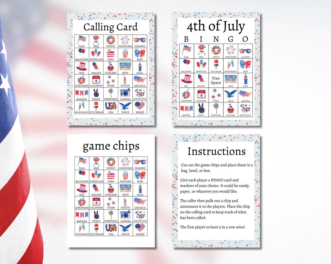 4th of July Bingo Cards, Independence Day Activity, Printable Fourth of ...