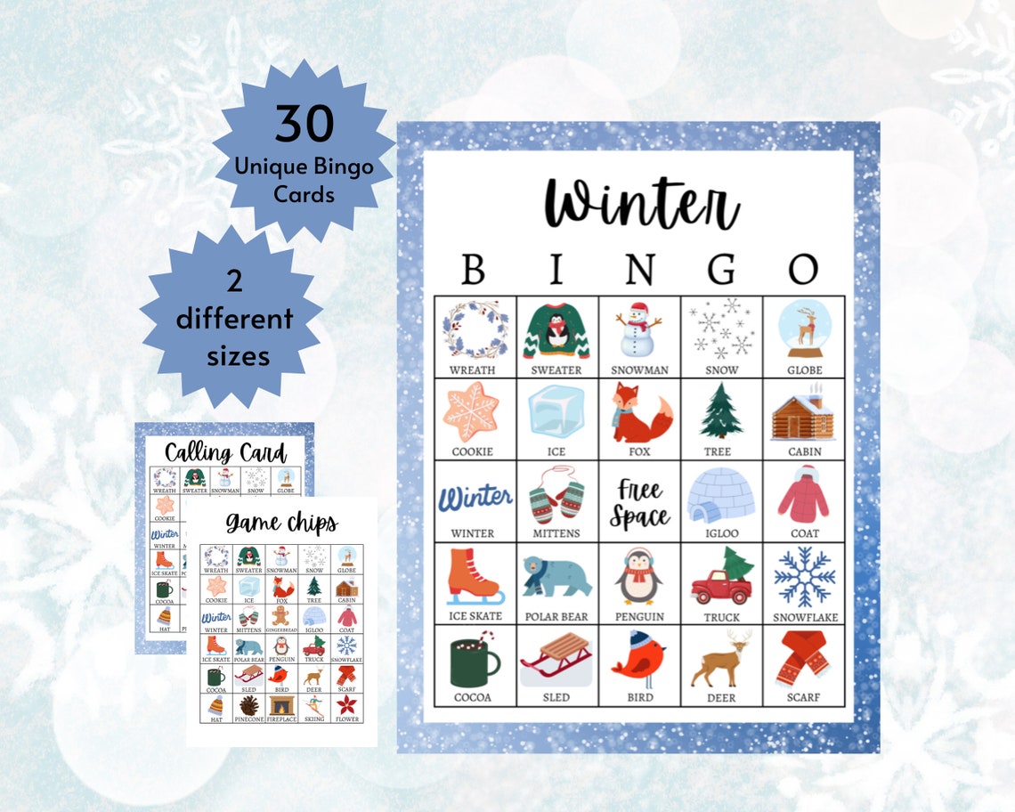 Winter Bingo Cards, Printable Wintertime Indoor Activity, Snow Themed ...