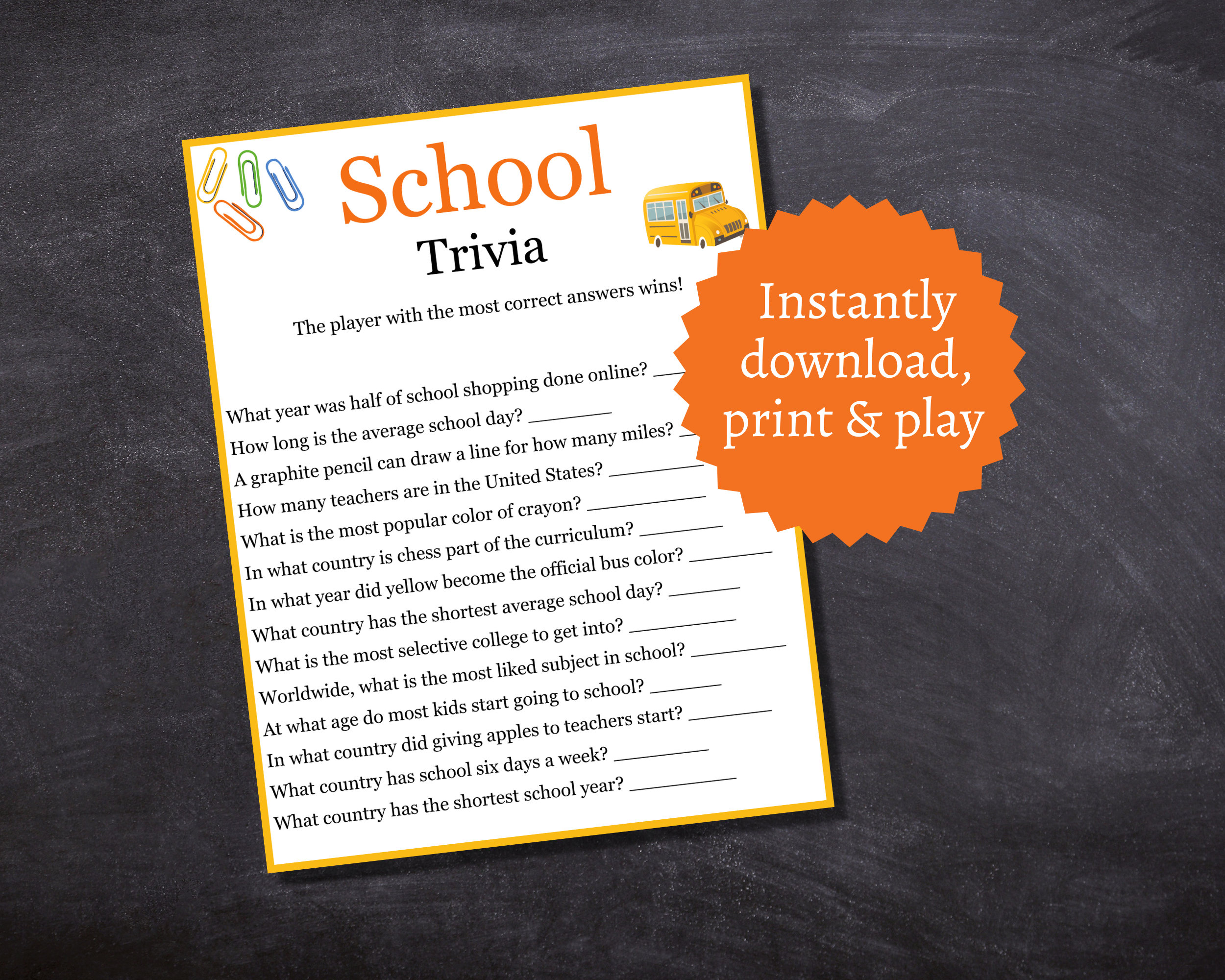 School-themed Trivia Game, Printable Classroom Activity for Kids and ...
