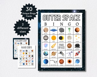 20 Outer Space Bingo Game Card, Fun Solar System Theme Party Activity, Science Class Game ...