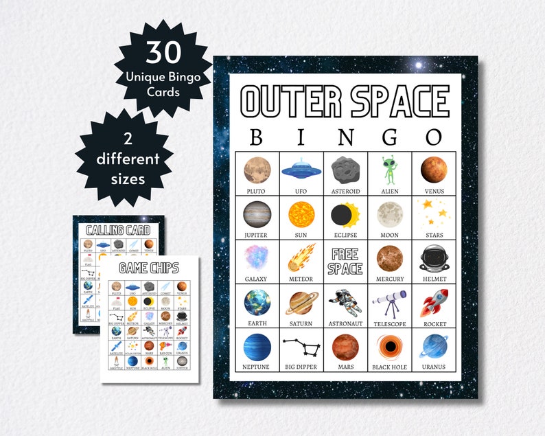 Outer Space Bingo Cards, Solar System Party Game, Printable Planet ...