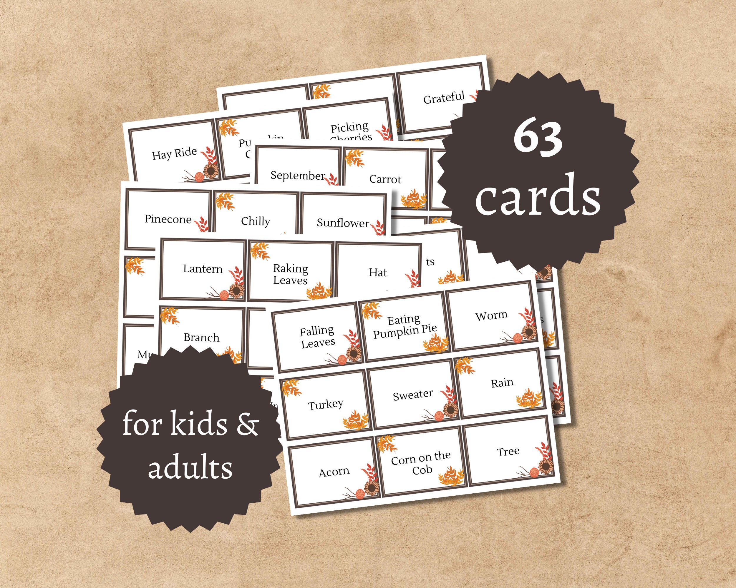 Fall Charades, Printable Autumn Pictionary Cards, Easy Fall Time Party ...