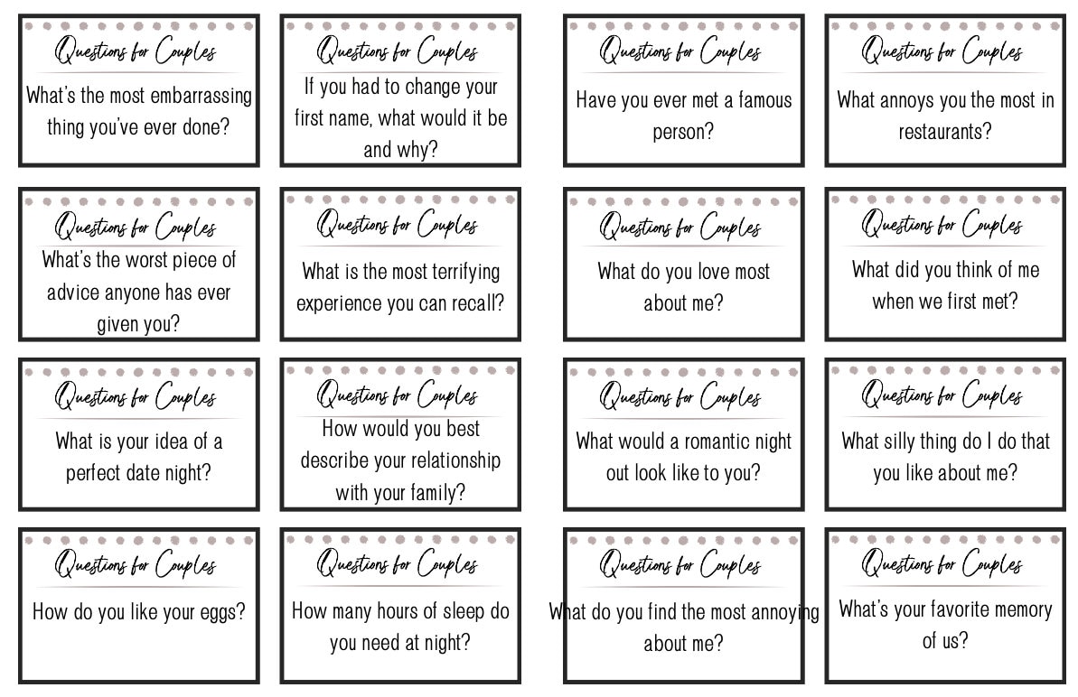 Questions for Couples Cards, Printable Conversation Starters, Easy Date ...