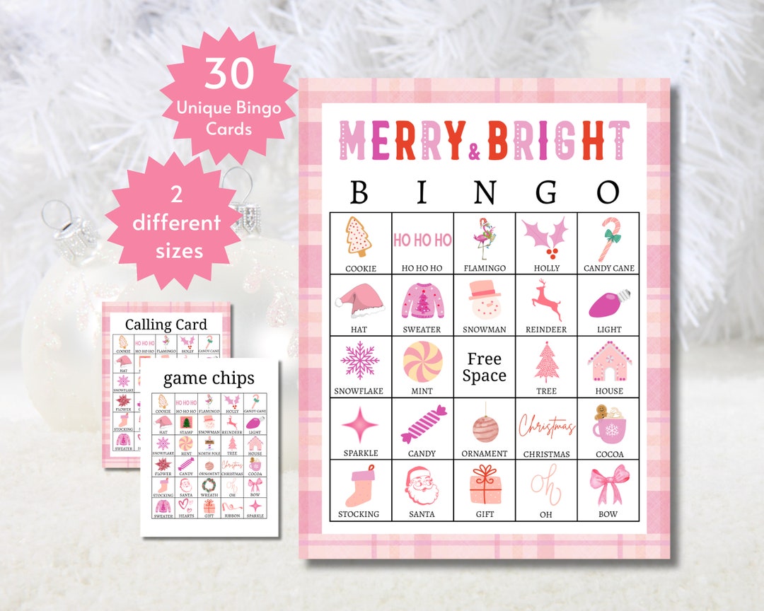 Pink Christmas Party Game, Printable Holiday Bingo Cards, Merry and ...