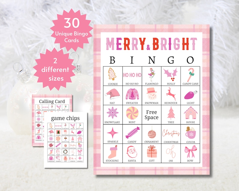 Pink Christmas Party Game, Printable Holiday Bingo Cards, Merry and ...
