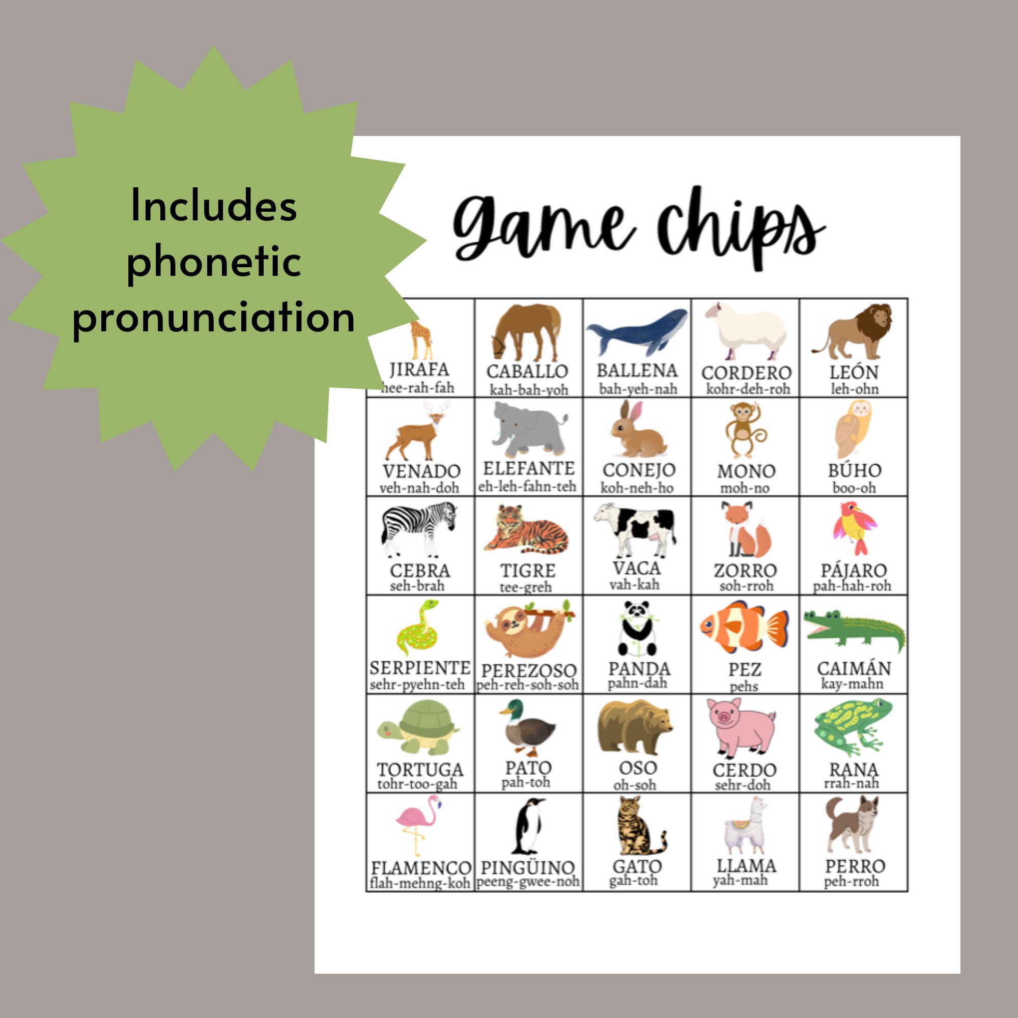 Animals Spanish Bingo Cards, Spanish Learning Game for Kids, Spanish ...