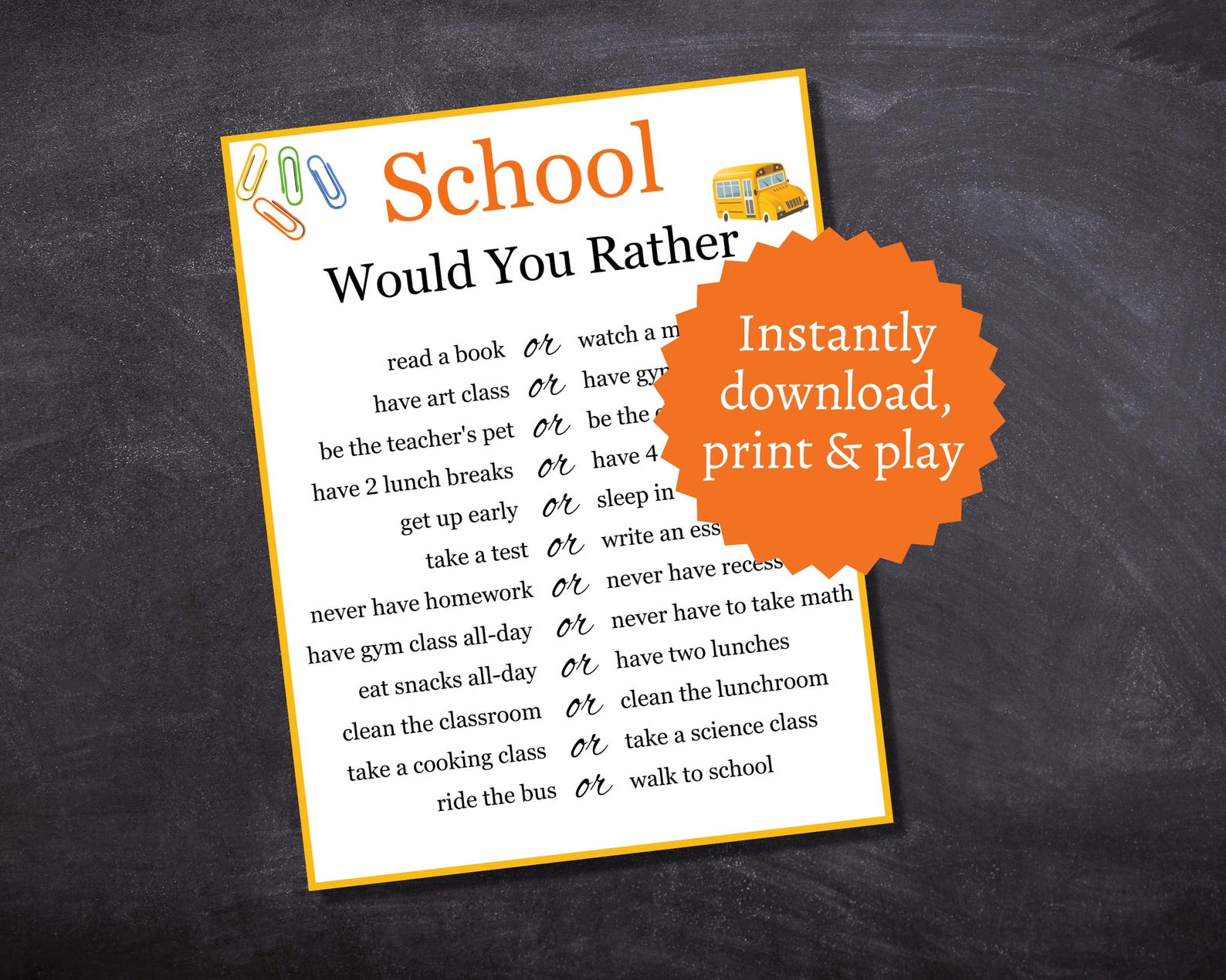 School-themed Would You Rather Game, Printable Back to School Activity ...