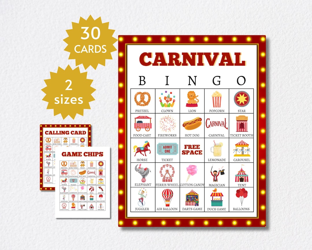 Carnival Bingo Cards, Printable Circus Party Game for Kids, Teens, and ...
