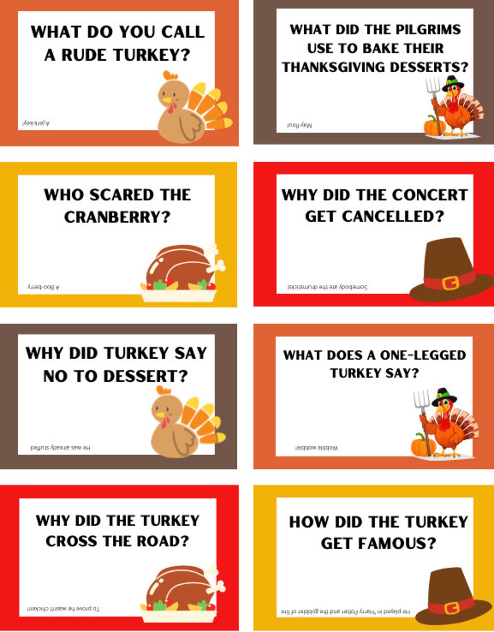 Turkey Joke Cards, Thanksgiving Conversation Starters, Printable Fall ...