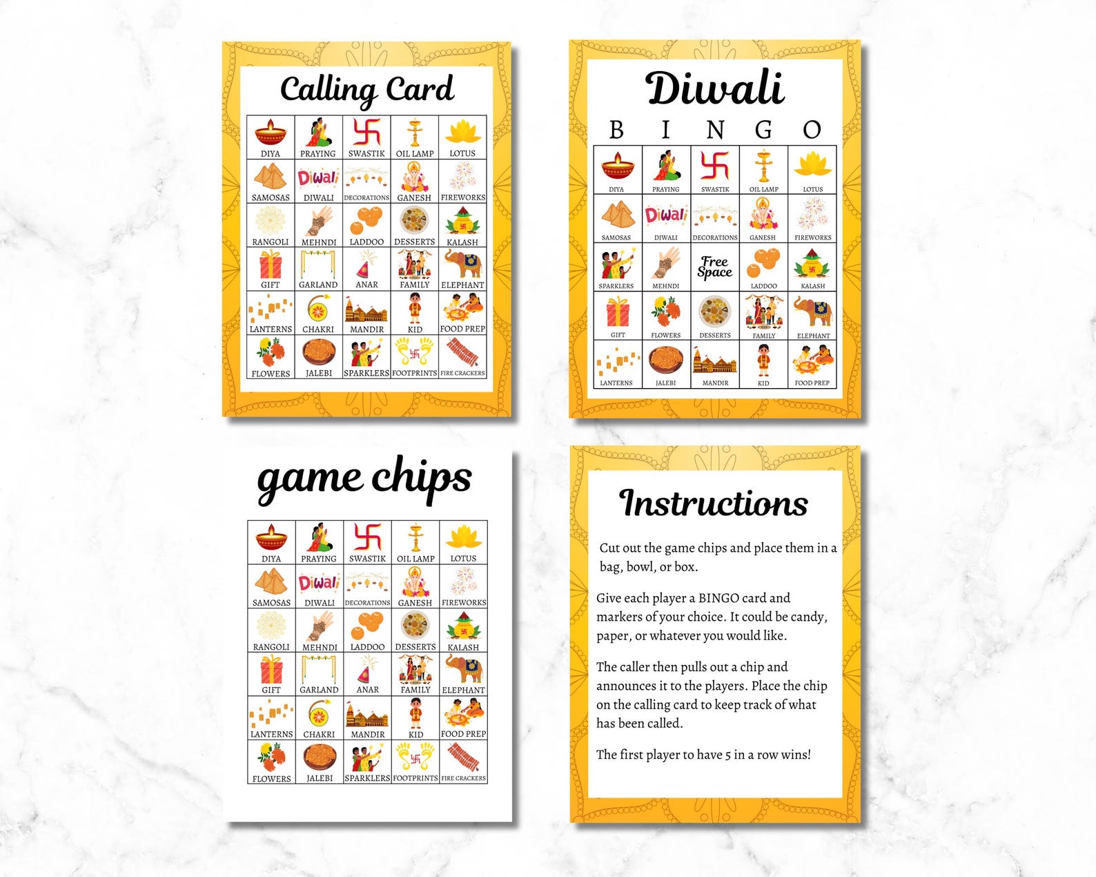 Diwali Bingo Cards Bundle, Printable Hindu Festival Party Game for Kids ...